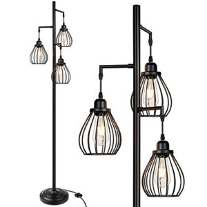 lakumu industrial floor lamp for living room, tree floor lamp with 3 elegant teardrop cage heads & st58 edison led bulbs, sturdy base tall vintage pole light great for farmhouse rustic bedroom office