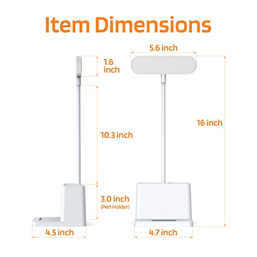 LED Small Desk Lamp, AXX Desk Lamps for Home Office, White Desk Light for Kids, Desktop/Computer Study Lamps for Bedrooms, Rechargeable, Battery Operated, Pen Holder, Adjustable Gooseneck Reading Lamp