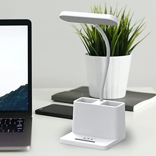 LED Small Desk Lamp, AXX Desk Lamps for Home Office, White Desk Light for Kids, Desktop/Computer Study Lamps for Bedrooms, Rechargeable, Battery Operated, Pen Holder, Adjustable Gooseneck Reading Lamp