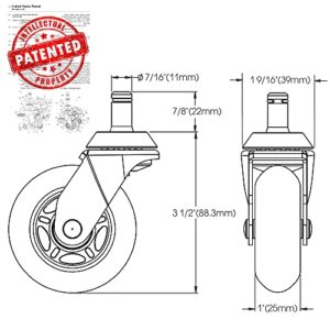 STEALTHO Patented Replacement Office Chair Caster Wheels Set of 5 - Protect Your Floor - Quick & Quiet Rolling Over Cables - No More Chair Mat Needed - Blue Polyurethane - Standard Stem 7/16 inch