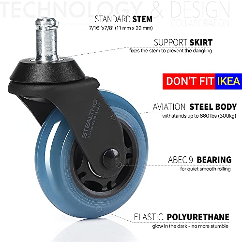 STEALTHO Patented Replacement Office Chair Caster Wheels Set of 5 - Protect Your Floor - Quick & Quiet Rolling Over Cables - No More Chair Mat Needed - Blue Polyurethane - Standard Stem 7/16 inch