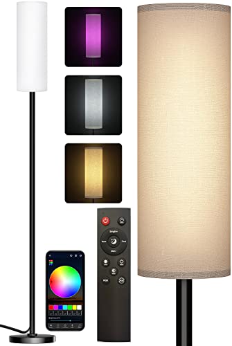 Qaubauyt Floor Lamp for Living Room Bedroom with Remote, Modern LED Floor Lamp with Two Adjustment Modes of Reading and Colorful,Standing Lamp Tall Lamp with White Lampshade,Foot Switch