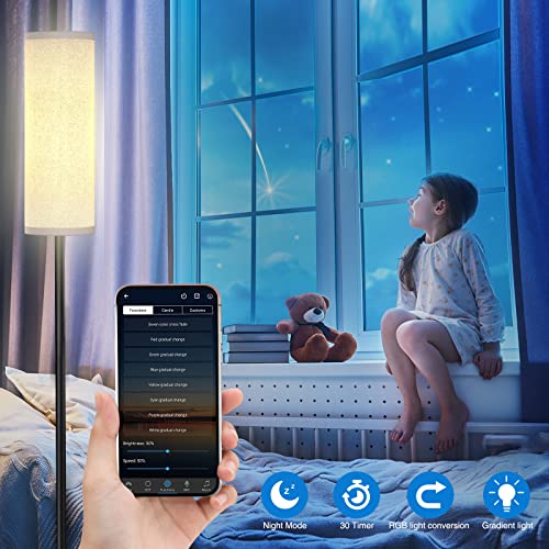 Qaubauyt Floor Lamp for Living Room Bedroom with Remote, Modern LED Floor Lamp with Two Adjustment Modes of Reading and Colorful,Standing Lamp Tall Lamp with White Lampshade,Foot Switch