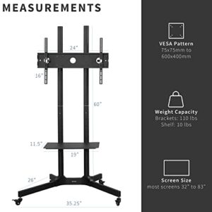 VIVO Mobile TV Cart for 32 to 83 inch Screens up to 110 lbs, LCD LED OLED 4K Smart Flat and Curved Panels, Rolling Stand with Laptop DVD Shelf, Locking Wheels, Max VESA 600x400, Black, STAND-TV03E