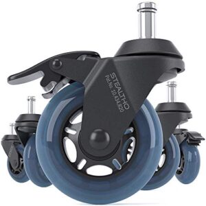 stealtho patented replacement office chair caster wheels set of 5 – with 2 brakes – protect your floor – no more chair mat needed – blue polyurethane – quiet rolling over cables – standard stem 7/16