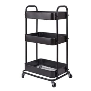 yohkoh 3-tier metal rolling utility cart, storage trolley cart with mesh baskets and lockable wheels for bathroom kitchen office (dark black)