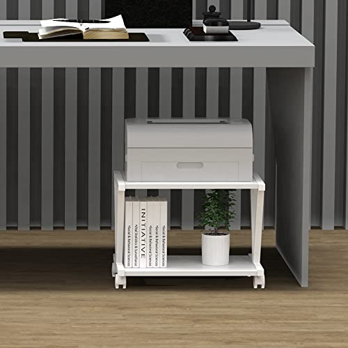 VEDECASA Retro Desktop Printer Stand 2 Double Tiers Wood Printer Shelf Modern White Wood Storage Book Shelf Organizor for Home Office Stylish Sturdy V Shaped (White)