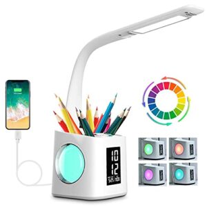 wanjiaone study led desk lamp with usb charging port&screen&calendar&color night light, kids dimmable led table lamp with pen holder&clock, desk reading light for students,10w