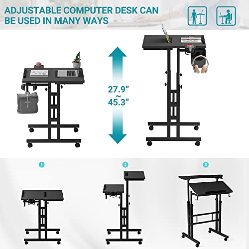 Klvied Mobile Standing Desk with Cup Holder, Portable Stand Up Desk, Adjustable Height Small Standing Desk, Rolling Desk with Wheels, Home Office Laptop Cart, Computer Desk for Standing or Sitting