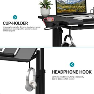 Klvied Mobile Standing Desk with Cup Holder, Portable Stand Up Desk, Adjustable Height Small Standing Desk, Rolling Desk with Wheels, Home Office Laptop Cart, Computer Desk for Standing or Sitting