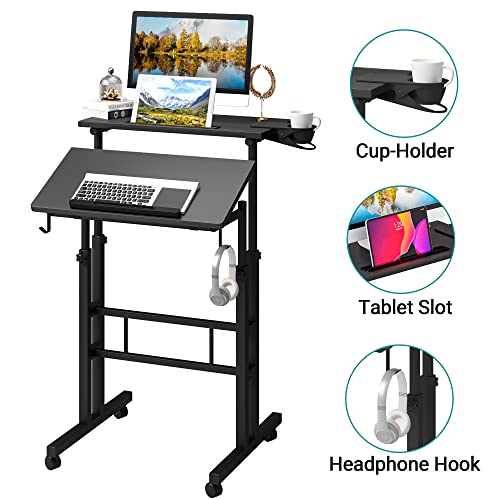 Klvied Mobile Standing Desk with Cup Holder, Portable Stand Up Desk, Adjustable Height Small Standing Desk, Rolling Desk with Wheels, Home Office Laptop Cart, Computer Desk for Standing or Sitting