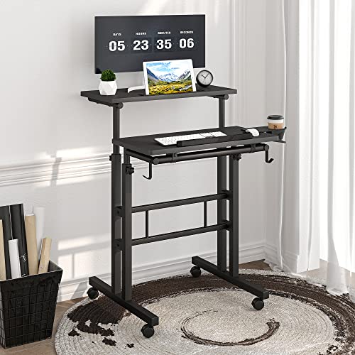 Klvied Mobile Standing Desk with Cup Holder, Portable Stand Up Desk, Adjustable Height Small Standing Desk, Rolling Desk with Wheels, Home Office Laptop Cart, Computer Desk for Standing or Sitting