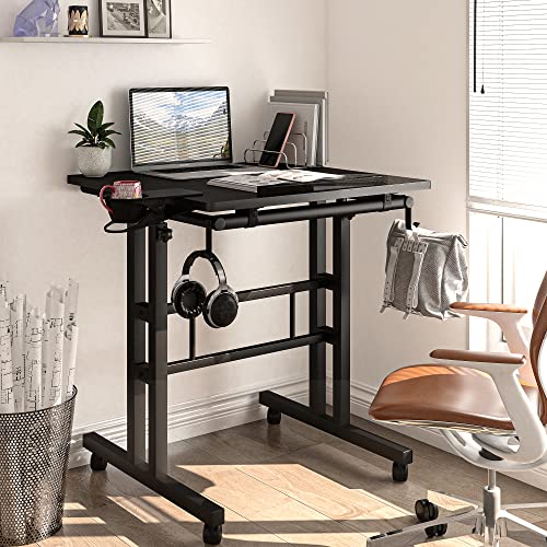 Klvied Mobile Standing Desk with Cup Holder, Portable Stand Up Desk, Adjustable Height Small Standing Desk, Rolling Desk with Wheels, Home Office Laptop Cart, Computer Desk for Standing or Sitting