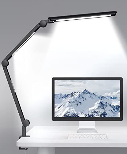 Lithomy LED Desk Lamp, Flexible Desk Light with Clamp, Reading Desk Lamps for Home Office, Dual Light 25 Lighting Eye-Caring Modes Table Lamp with Solid Base, Eye-Caring Desk Lamp with Remote Control