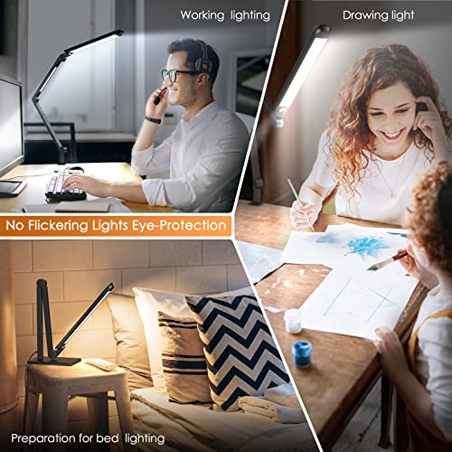 Lithomy LED Desk Lamp, Flexible Desk Light with Clamp, Reading Desk Lamps for Home Office, Dual Light 25 Lighting Eye-Caring Modes Table Lamp with Solid Base, Eye-Caring Desk Lamp with Remote Control