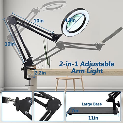 10X Magnifying Glass with Light and Stand, HITTI 2-in-1 LED Lighted Magnifier Large Base & Clamp, 3 Color Modes Stepless Dimmable Magnifying Lamp, Adjustable Swing Arm for Repair Crafts Soldering