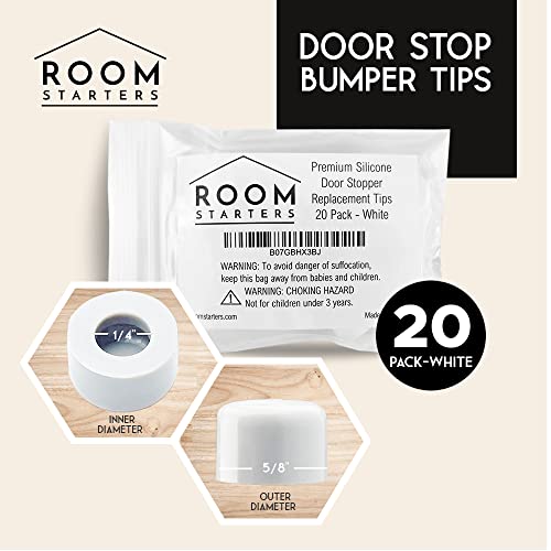 Door Stop Bumper Tips - 20 Pack White Silicone Rubber Replacement Stopper Ends with Universal Fit by ROOM STARTERS