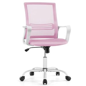 office chair desk chair home office computer chair with wheels mesh office chair with lumbar support, mid back ergonomic office desk chair with armrests adjustable work chairs, pink