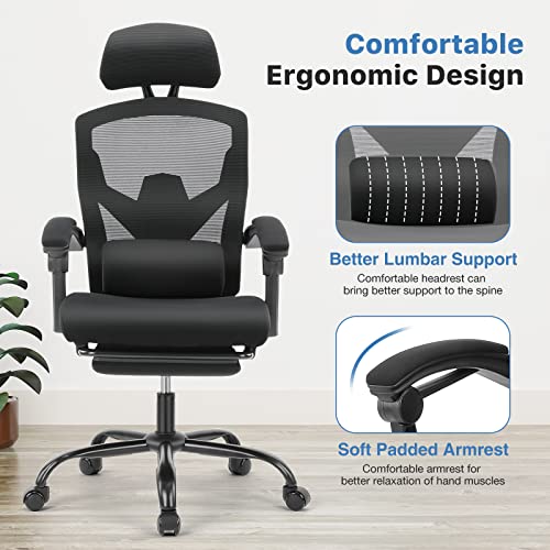 Ergonomic Office Chair, High Back Office Chair with Lumbar Pillow and Retractable Footrest, Mesh Office Chair with Padded Armrests and Adjustable Headrest, Swivel Rolling Chair, Height Adjustable