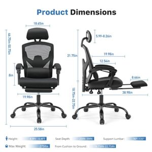 Ergonomic Office Chair, High Back Office Chair with Lumbar Pillow and Retractable Footrest, Mesh Office Chair with Padded Armrests and Adjustable Headrest, Swivel Rolling Chair, Height Adjustable