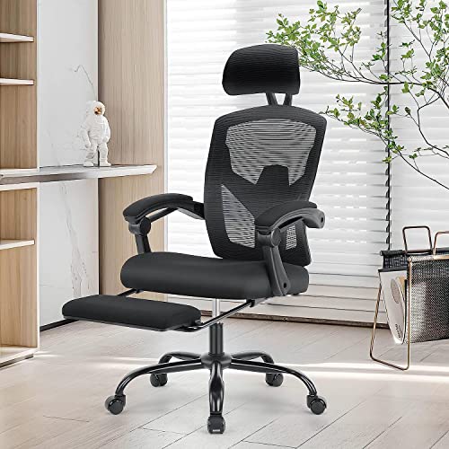 Ergonomic Office Chair, High Back Office Chair with Lumbar Pillow and Retractable Footrest, Mesh Office Chair with Padded Armrests and Adjustable Headrest, Swivel Rolling Chair, Height Adjustable