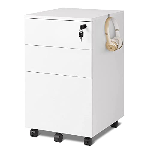 DEVAISE 3 Drawer Rolling File Cabinet with Lock, Wood Under Desk Filing Cabinet fits Letter/Legal/A4 Size for Home Office, White