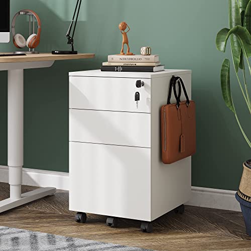 DEVAISE 3 Drawer Rolling File Cabinet with Lock, Wood Under Desk Filing Cabinet fits Letter/Legal/A4 Size for Home Office, White