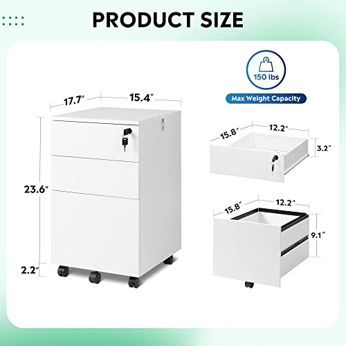 DEVAISE 3 Drawer Rolling File Cabinet with Lock, Wood Under Desk Filing Cabinet fits Letter/Legal/A4 Size for Home Office, White