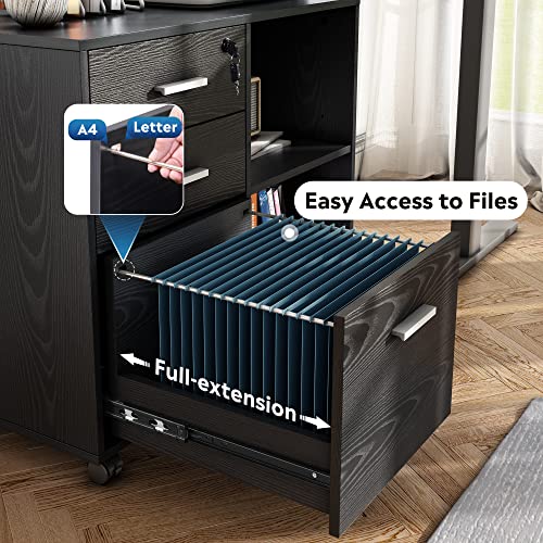 DEVAISE 3-Drawer Wood File Cabinet with Lock, Mobile Lateral Filing Cabinet, Black