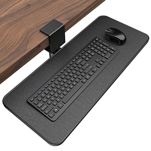 Rotating Keyboard Tray Under Desk - Klearlook PU Leather Keyboard Drawer Adjustable C Clamp,Ergonomic Mouse Keyboard Platform Extender,No Drilling,Easy Install Keyboard Stand,23.62"x 9.84"Inch-Black