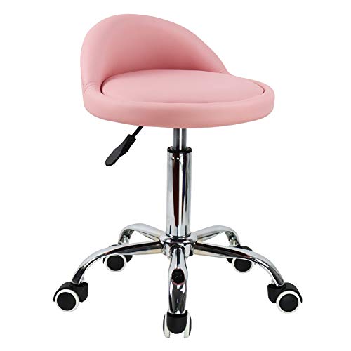 KKTONER PU Leather Round Rolling Stool with Back Rest Height Adjustable Swivel Drafting Work SPA Task Chair with Wheels Pink