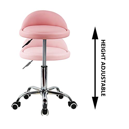 KKTONER PU Leather Round Rolling Stool with Back Rest Height Adjustable Swivel Drafting Work SPA Task Chair with Wheels Pink