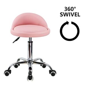 KKTONER PU Leather Round Rolling Stool with Back Rest Height Adjustable Swivel Drafting Work SPA Task Chair with Wheels Pink