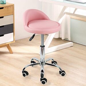 KKTONER PU Leather Round Rolling Stool with Back Rest Height Adjustable Swivel Drafting Work SPA Task Chair with Wheels Pink