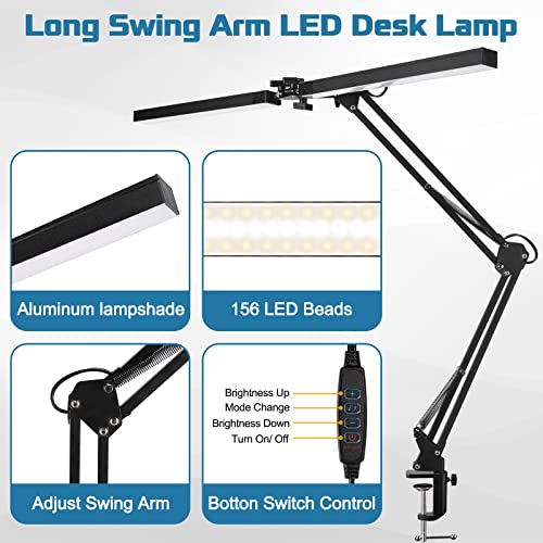 Lanhado LED Desk Lamp, Swing Arm Desk Lamps for Home Office, 24W Architect LED Table Lamp, Eye-Caring Black Desk Lamp with Clamp, 3 Lighting 10 Brightness Adjustable Desk Lamp for Read/ Relax/ Work