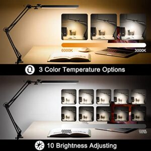 Lanhado LED Desk Lamp, Swing Arm Desk Lamps for Home Office, 24W Architect LED Table Lamp, Eye-Caring Black Desk Lamp with Clamp, 3 Lighting 10 Brightness Adjustable Desk Lamp for Read/ Relax/ Work