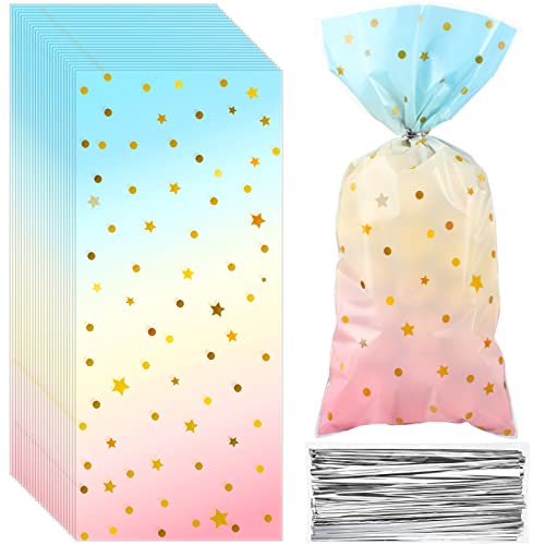 Pajean 100 Pcs Pastel Cellophane Bags Rainbow Party Favors Bag Star Dot Treat Goodie Candy Plastic Gift Pink Blue Tie Dye Wrapping Clear Cello for Baby Shower Birthday Decoration Supplies