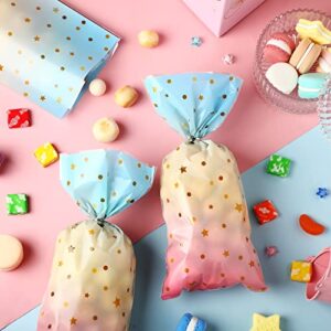 Pajean 100 Pcs Pastel Cellophane Bags Rainbow Party Favors Bag Star Dot Treat Goodie Candy Plastic Gift Pink Blue Tie Dye Wrapping Clear Cello for Baby Shower Birthday Decoration Supplies