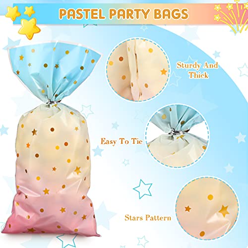 Pajean 100 Pcs Pastel Cellophane Bags Rainbow Party Favors Bag Star Dot Treat Goodie Candy Plastic Gift Pink Blue Tie Dye Wrapping Clear Cello for Baby Shower Birthday Decoration Supplies