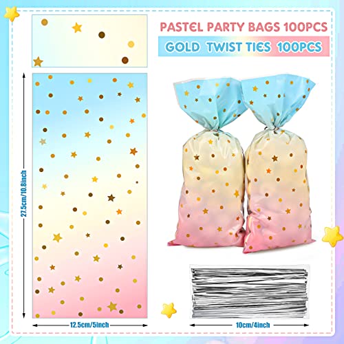 Pajean 100 Pcs Pastel Cellophane Bags Rainbow Party Favors Bag Star Dot Treat Goodie Candy Plastic Gift Pink Blue Tie Dye Wrapping Clear Cello for Baby Shower Birthday Decoration Supplies