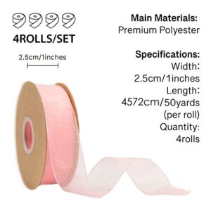 Vitalizart 4 Rolls Blush Pink Organza Ribbon 1" x 50Yd Transparent Sheer Ribbon for Gift Wrapping, Wedding Invitations, Bridal Bouquets, Hair Accessories, Party Decoration, Crafts and Bows