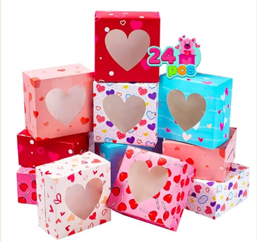 JOYIN 24pcs Valentine’s Day Bakery Treat Boxes Valentines Cup Cake Cookie Cardboard Boxes with with Heart PVC Window for Holiday Pastries,Wedding,Doughnut, Cookie, Cupcakes, Brownies, Truffles Gift Giving