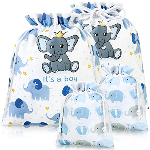 4 Pcs Large Baby Boy Shower Gift Bags Elephants Drawstring Fabric Bags 20 Inch Large 12 Inch Medium Reusable Treat Bags for Baby Shower Child's Birthday Gender Reveal Party (Elephant)