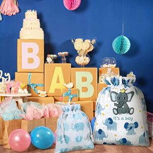 4 Pcs Large Baby Boy Shower Gift Bags Elephants Drawstring Fabric Bags 20 Inch Large 12 Inch Medium Reusable Treat Bags for Baby Shower Child's Birthday Gender Reveal Party (Elephant)