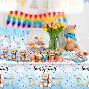 Pajean 100 Pack Bear Baby Shower Treat Bags Blue Teddy Cellophane Candy Plastic Goodie Gift with Pcs Metallic Twist Ties for Gender Reveal Birthday Party Favors