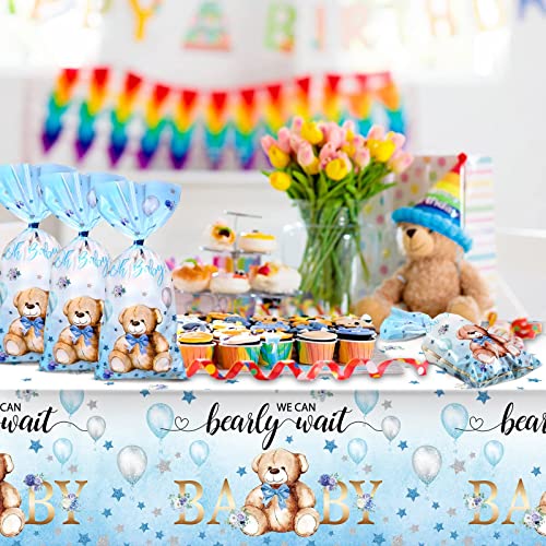 Pajean 100 Pack Bear Baby Shower Treat Bags Blue Teddy Cellophane Candy Plastic Goodie Gift with Pcs Metallic Twist Ties for Gender Reveal Birthday Party Favors