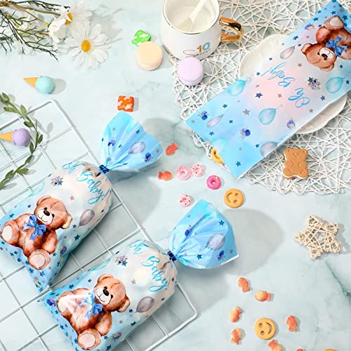 Pajean 100 Pack Bear Baby Shower Treat Bags Blue Teddy Cellophane Candy Plastic Goodie Gift with Pcs Metallic Twist Ties for Gender Reveal Birthday Party Favors