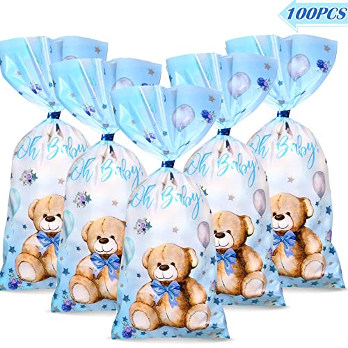 Pajean 100 Pack Bear Baby Shower Treat Bags Blue Teddy Cellophane Candy Plastic Goodie Gift with Pcs Metallic Twist Ties for Gender Reveal Birthday Party Favors