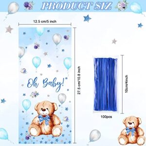 Pajean 100 Pack Bear Baby Shower Treat Bags Blue Teddy Cellophane Candy Plastic Goodie Gift with Pcs Metallic Twist Ties for Gender Reveal Birthday Party Favors