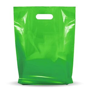 100 pack 9″ x 12″ with 1.25 mil thick green merchandise plastic glossy retail bags | die cut handles | perfect for shopping, party favors, birthdays, children parties | color green | 100% recyclable